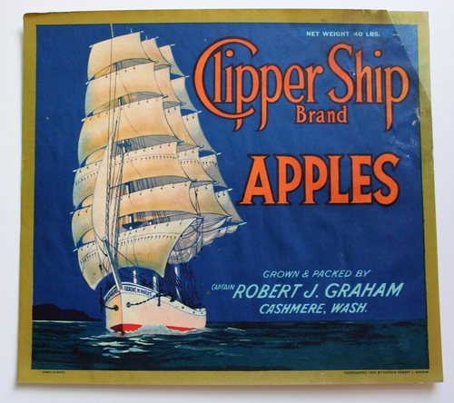 Original rare CLIPPER SHIP apple crate label Cashmere WA Captain Graham ...