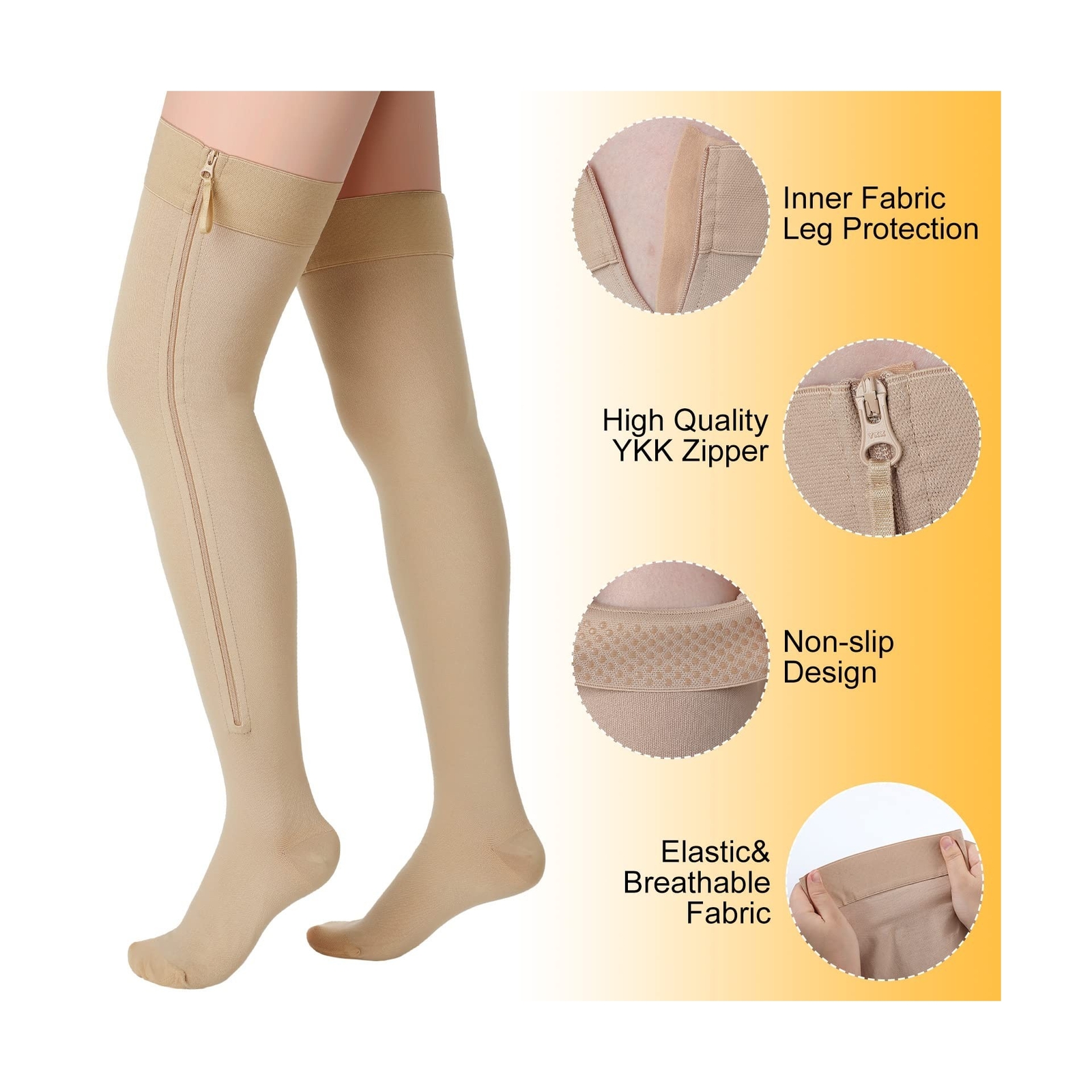 2 Pairs Zipper Compression Socks Thigh High 20-30 mmHg Compression ...