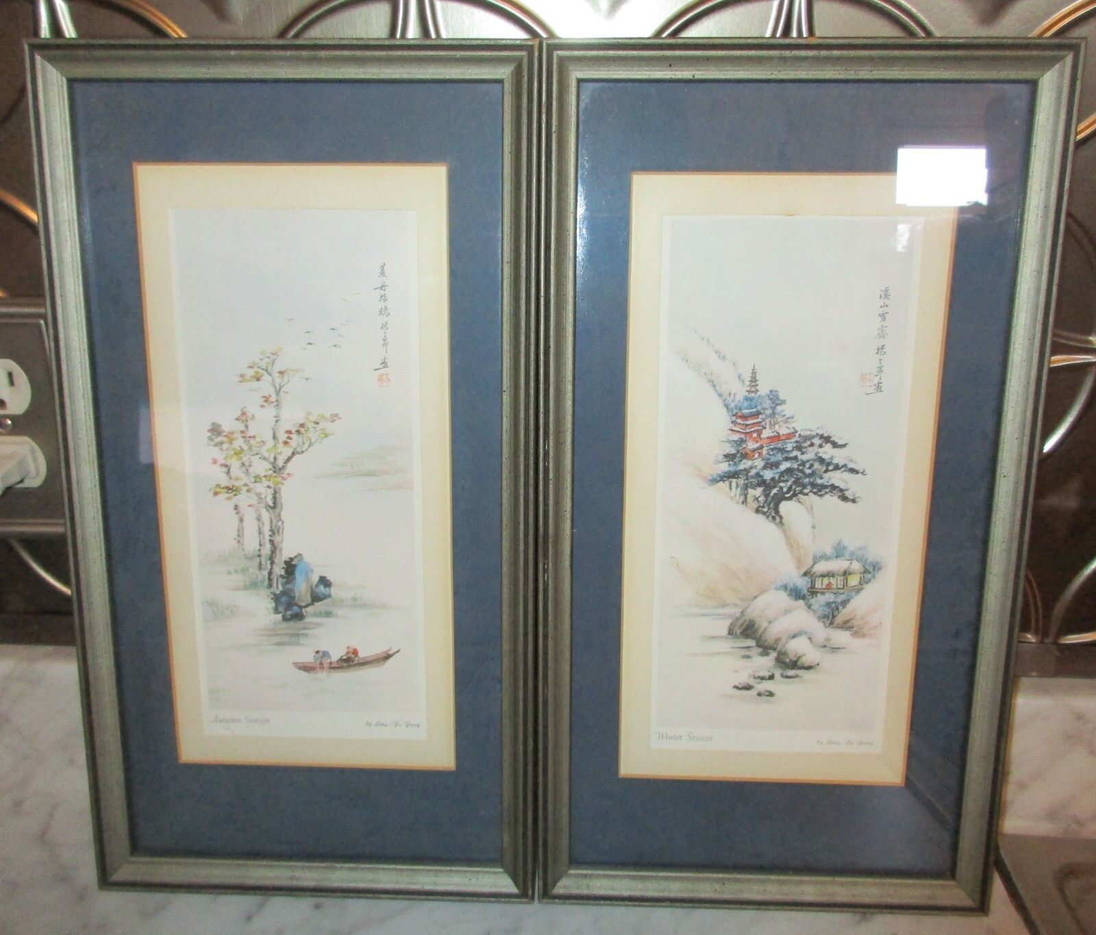 2 Vintage Ling-Fu Yang Framed Japanese Prints - Autumn & Winter | eBay