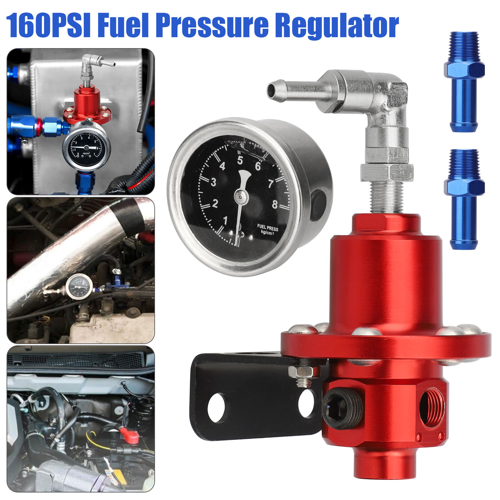 0-160 PSI Black-Red Adjustable Fuel Pressure Regulator Kit W/Oil Gauge ...