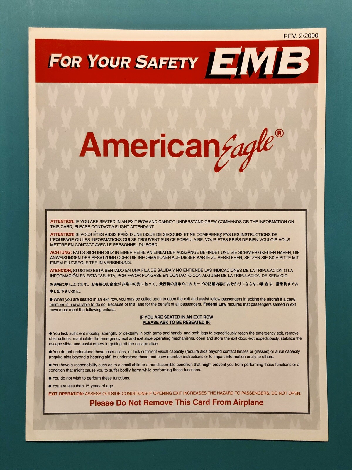AMERICAN AIRLINES SAFETY CARD--EMB | eBay