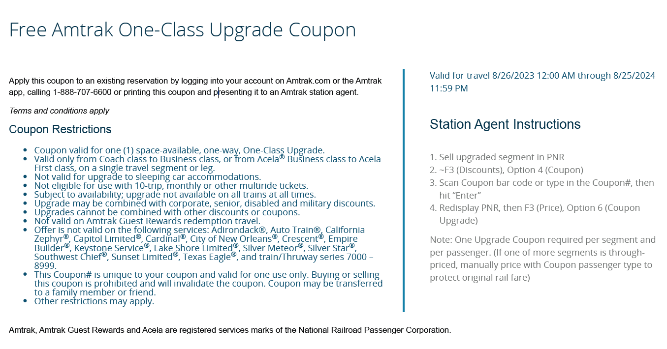 One Amtrak 1-Class Upgrade Coupon 12 hours Expires 8/25/2024 | eBay