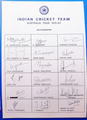Autograph cricket - signed India 1991-92 Team sheet tour of Australia ...