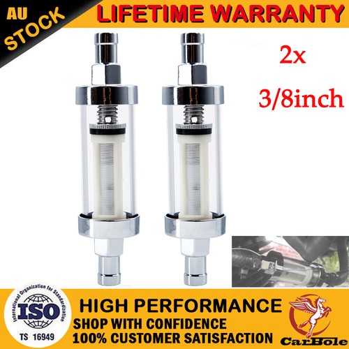 2Pcs Universal Fuel Filter Clear View Inline 3/8" Chrome Glass Hose ...