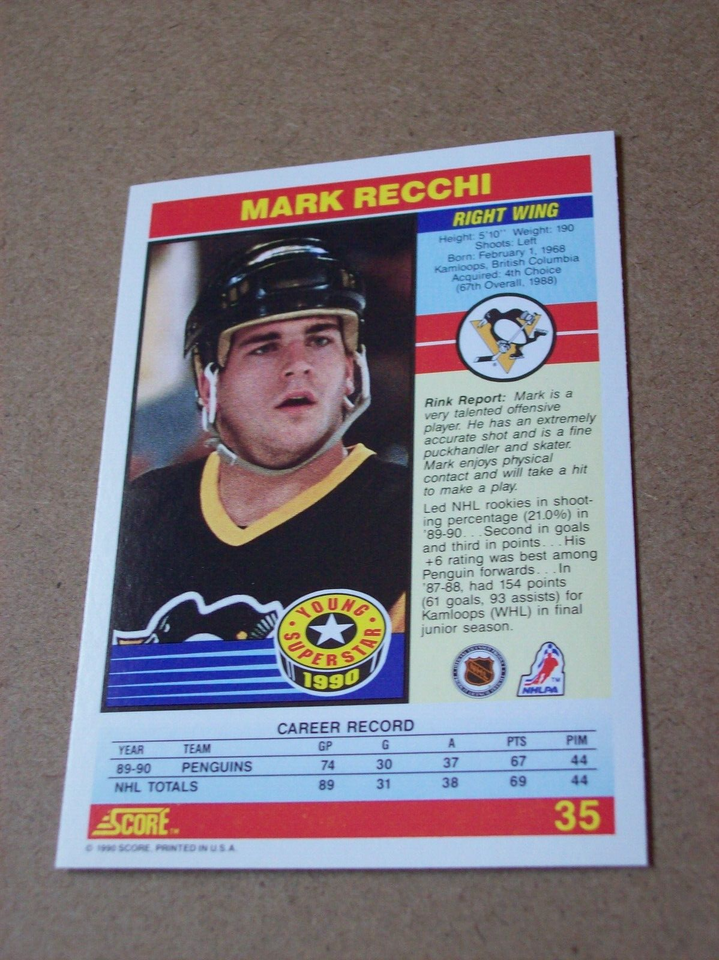 1990 Score young superstars Hockey Mark Recchi Rookie card #35 NM-MT | eBay