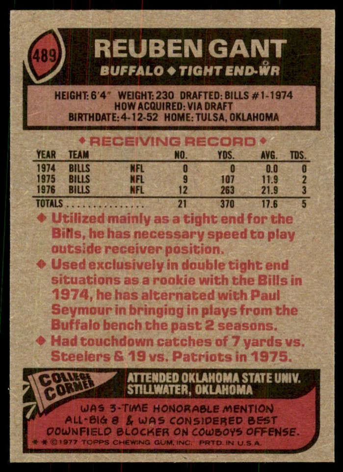 1977 Topps Reuben Gant Rookie NM or Better Buffalo Bills #489 | eBay