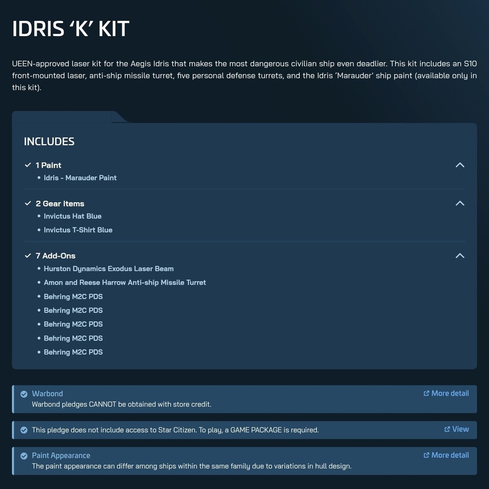 Star Citizen - IDRIS P Aftermarket Pack Kit K + Kit M + 2 APP 💎🗺️ / LTI ...