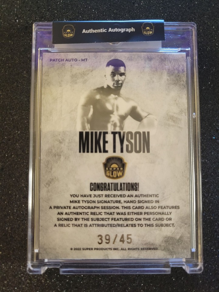 Mike Tyson 2022 SUPER PRODUCTS SUPER GLOW "1ST EVER" PATCH AUTO #D 39/ ...