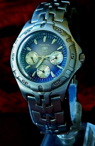 #012, Men's FOSSIL BLUE Chronometer Water Resistant New Battery ...