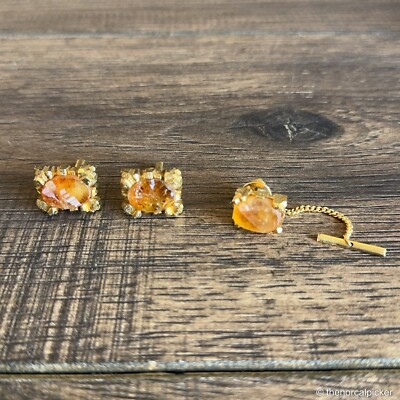 Vintage Cufflinks & Tie Tack Suit Accessories Gold Nugget Style Amber ...