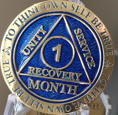 1 Month AA Medallion Reflex Blue Gold Plated 30 Day Sobriety Chip Coin ...