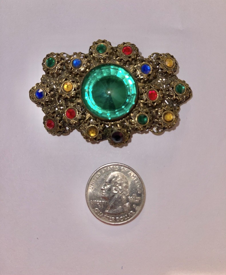 Art Deco Concave Czech Green & Fruit Salad Rounds Silvertone Filigree ...