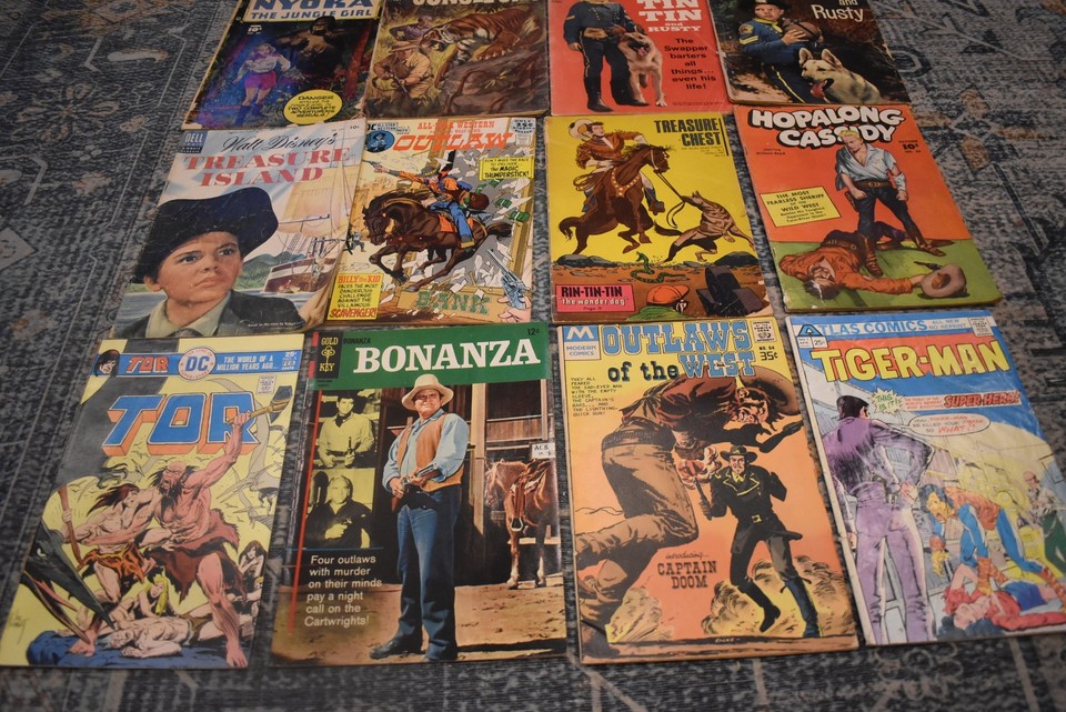 Lot of 12 Vintage Comics Bonanza/Hopalong Cassidy/Rin Tin Tin/Treasure ...