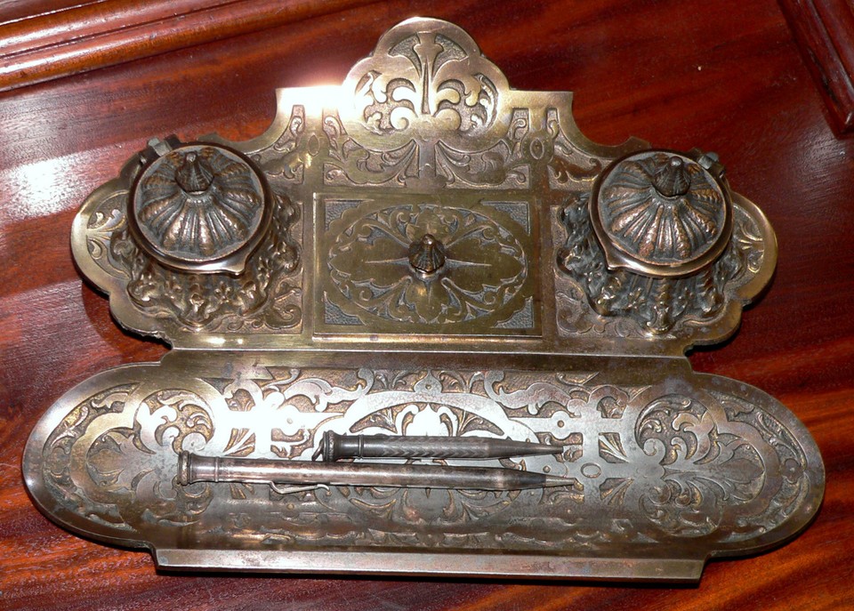 INKWELL, Inkstand, B&H, Bradley & Hubbard, Art Nouveau, Cast Iron, 11"w ...
