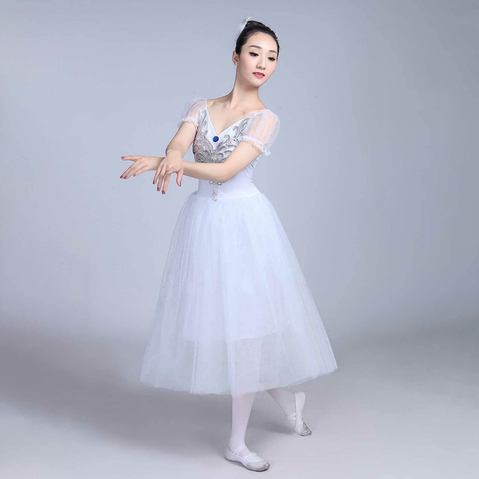 Womens Ballet Dance Mesh Tulle Long Dress Ballerina Swan Lake Princess ...