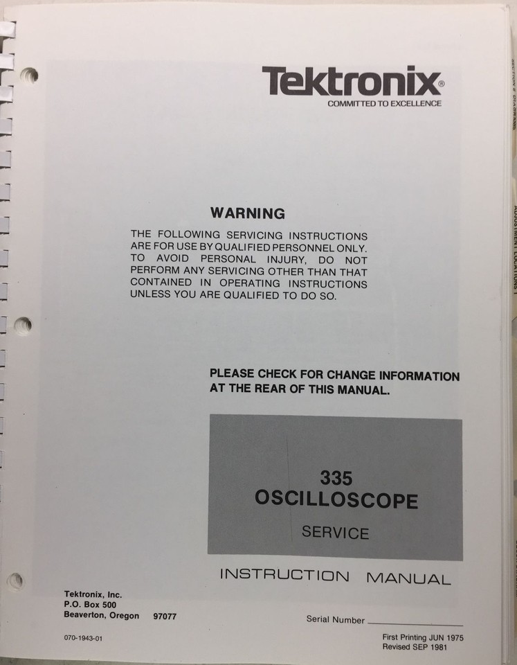 Tektronix 335 Oscilloscope Instruction Manual P/N 070-1943-01 | eBay