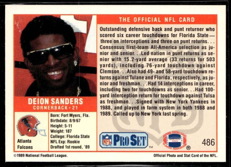 1989 Pro Set Deion Sanders Rookie Atlanta Falcons #486 | eBay