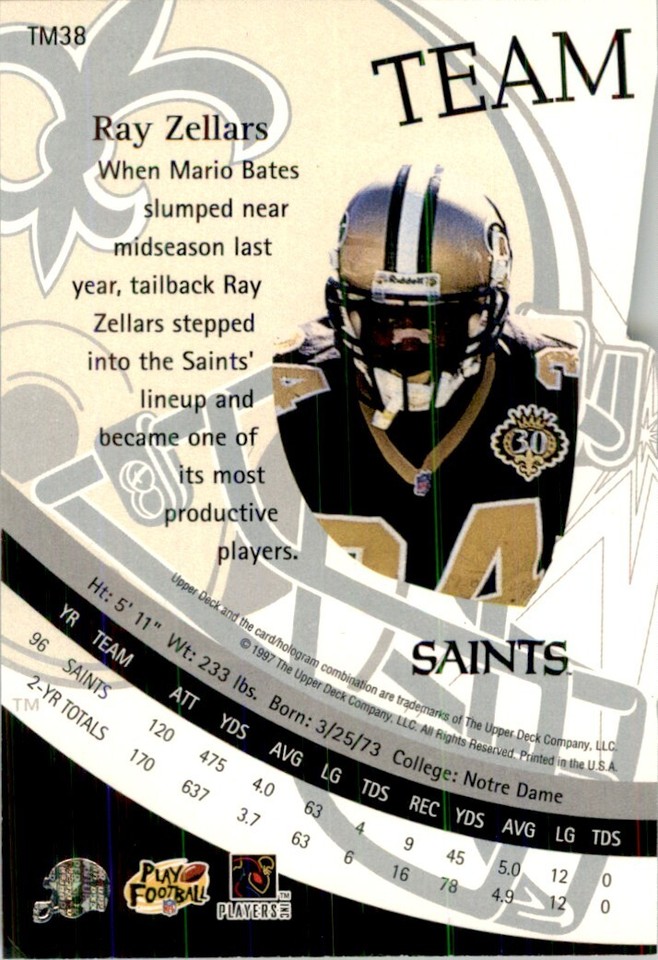 1997 Upper Deck Team Mates Ray Zellars New Orleans Saints #TM38 | eBay