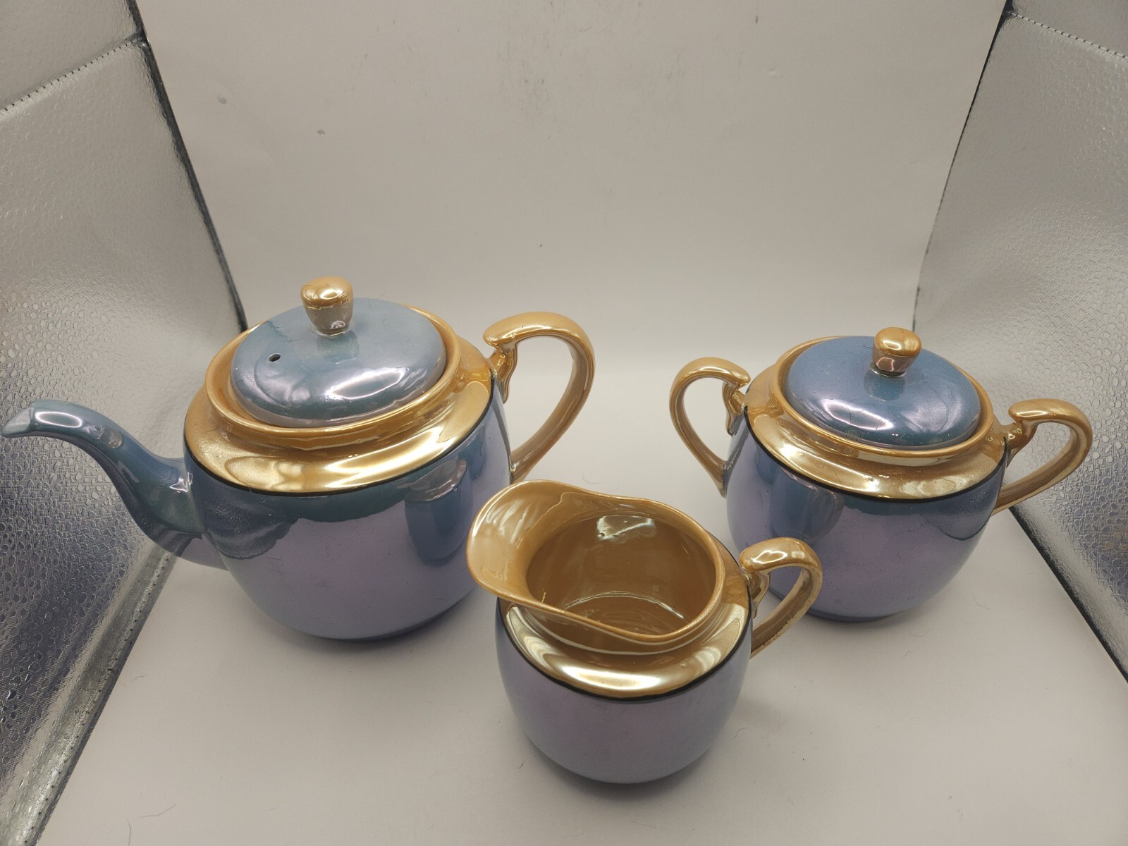 Vintage Japanese Hand Painted Blue & Peach Iridescent Lusterware Tea ...