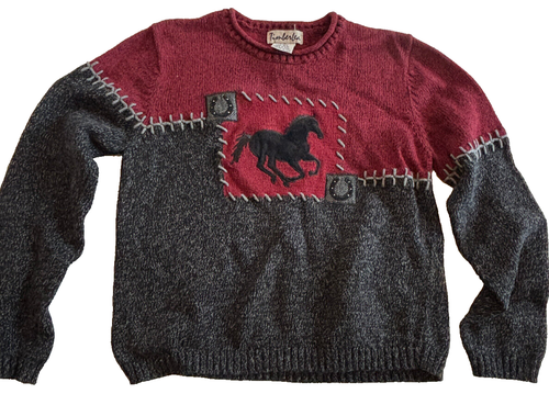 VTG TimberLea Sweater Pullover Horse Embroidery Red Grey Cotton Women's ...