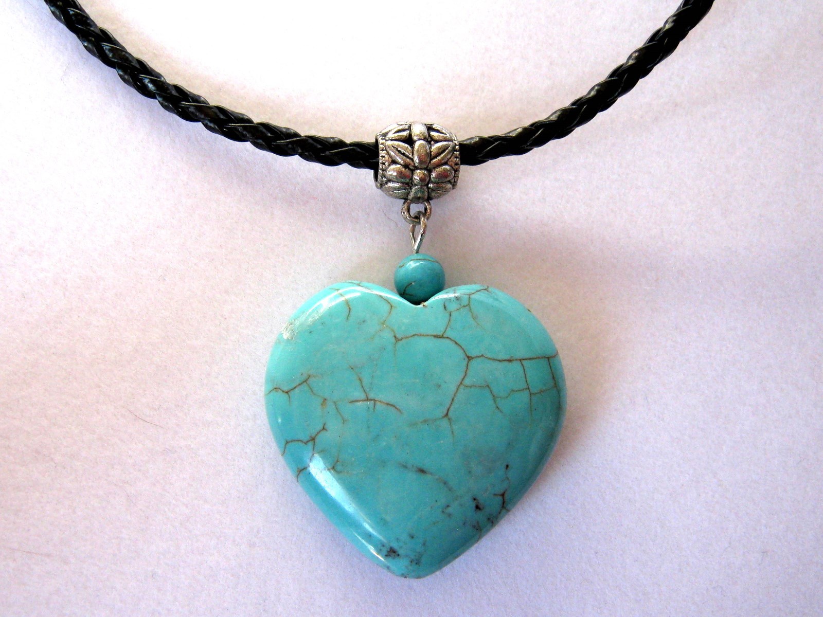 1.4" Heart Shaped Turquoise Pendant on 16" Black Leather Cord 18KGP ...