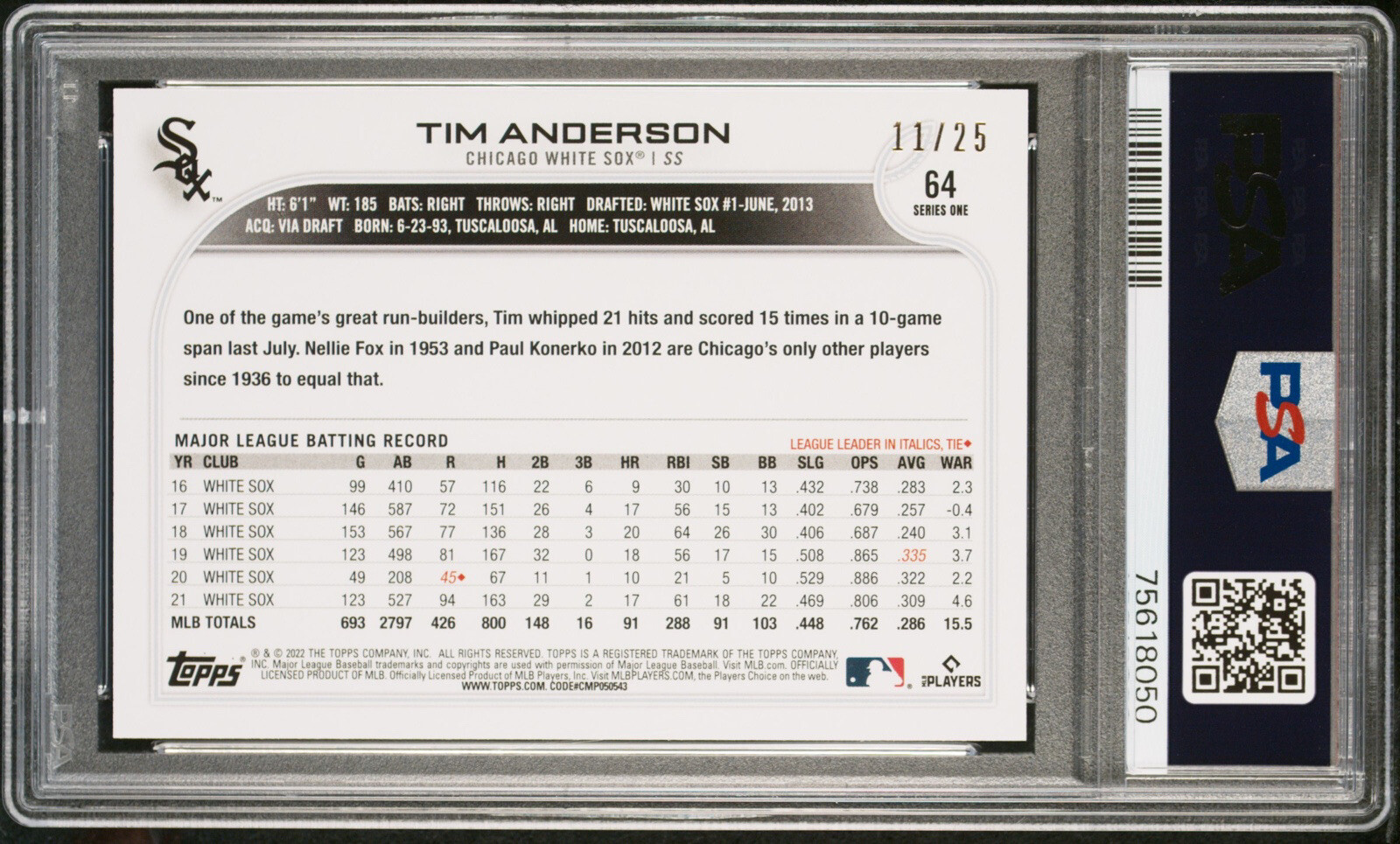2022 TIM ANDERSON Topps Update #64 Memorial Day Camo serial# 11/25 PSA ...