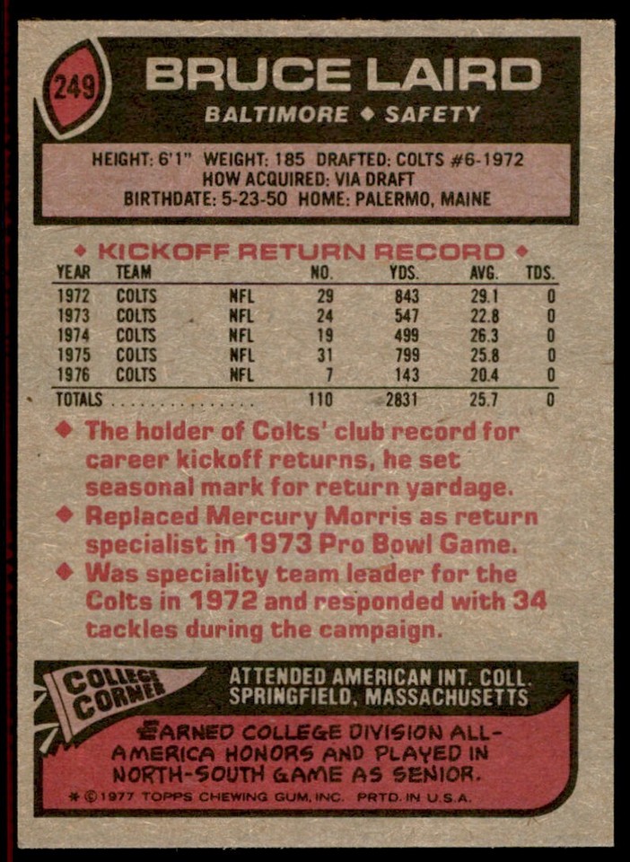 1977 Topps Bruce Laird Football Card Baltimore Colts #249 | eBay