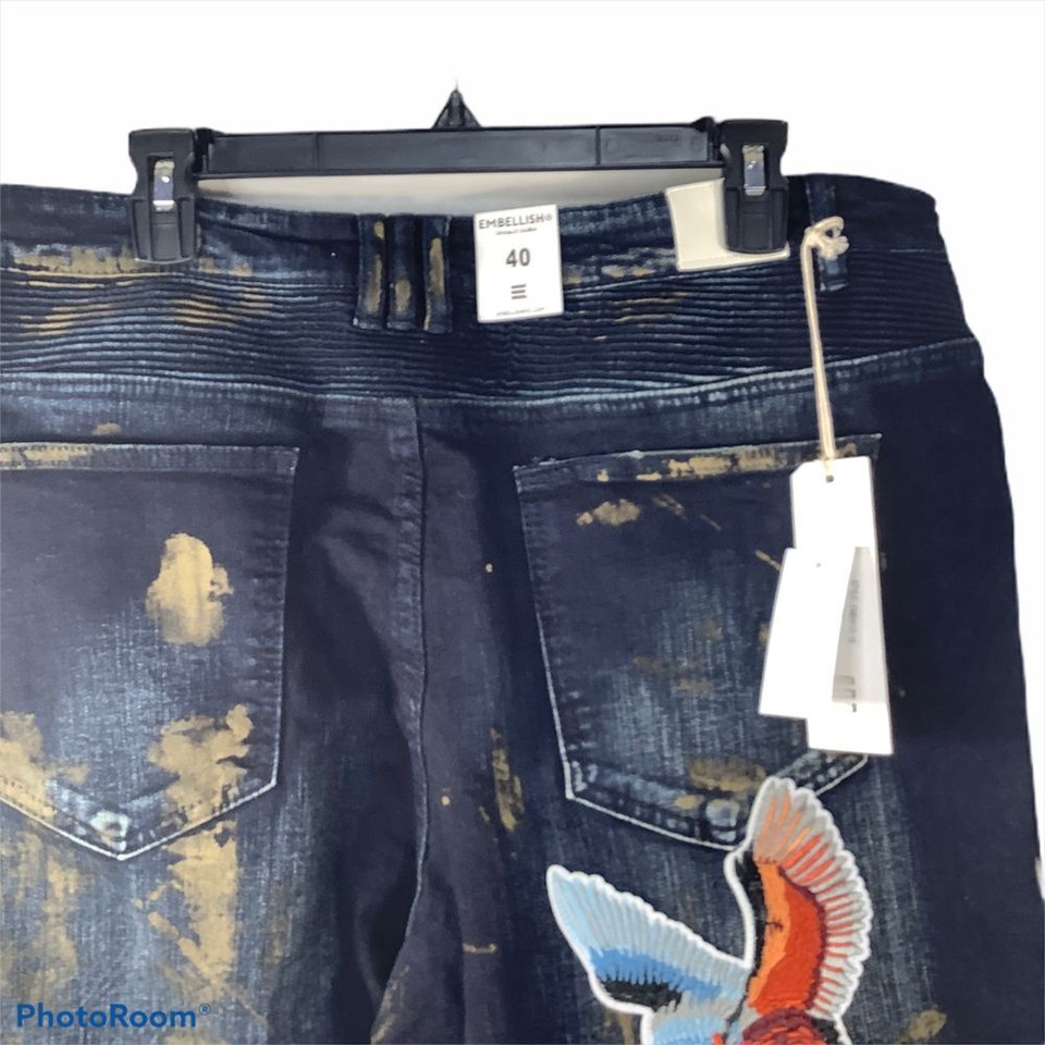 NWT Embellish Castellano Quilted Biker Denim Jeans Pants Flowers ...
