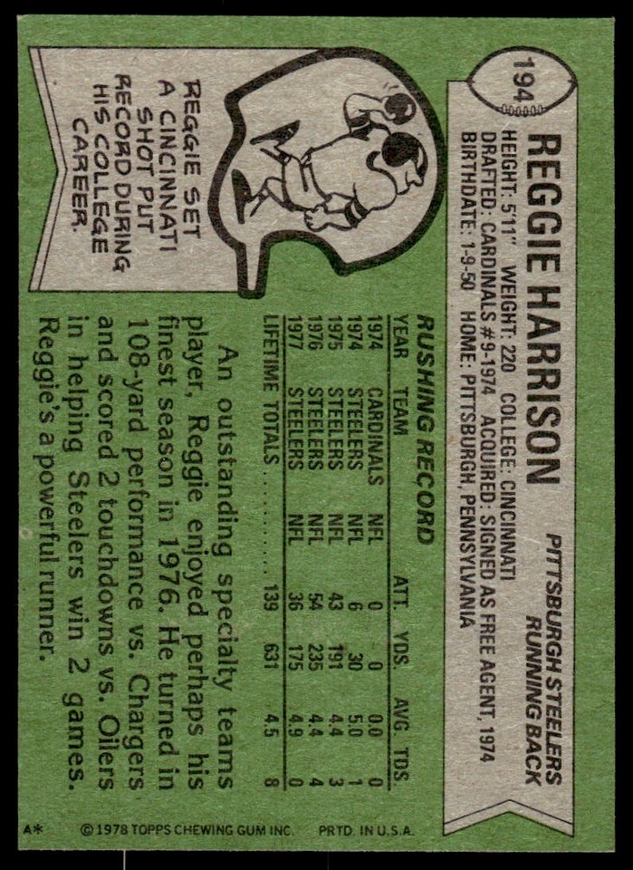 1978 TOPPS REGGIE HARRISON PITTSBURGH STEELERS #194 | eBay