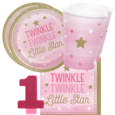 1st Birthday Girl Party Supplies 16 Guest Tableware Pack Twinkle Little ...