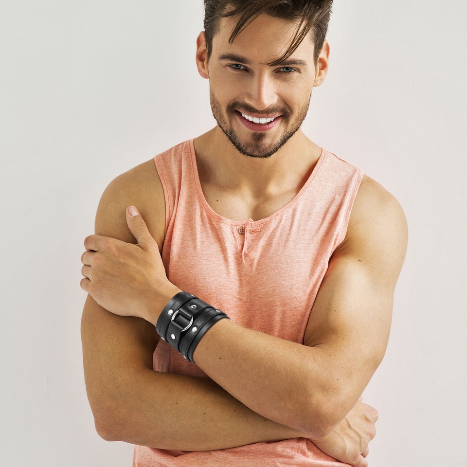 Men's Punk Rocker Biker Gothic Heavy Wide Leather Straps Wristband Cuff ...