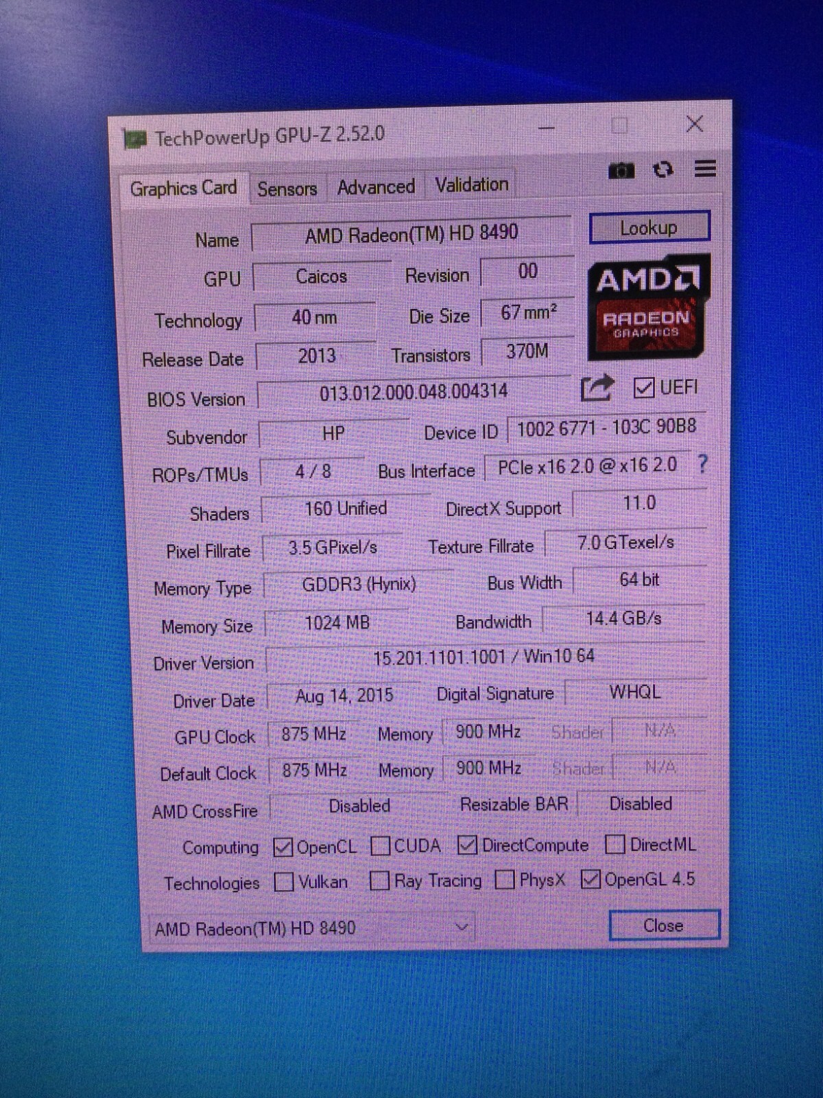 AU seller oem AMD Radeon HD 8490 1GB GDDR3 Graphics Card low profile DP ...