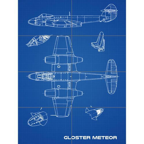 Gloster Meteor British Jet Fighter Blueprint Plan XL Panel Poster (8 ...