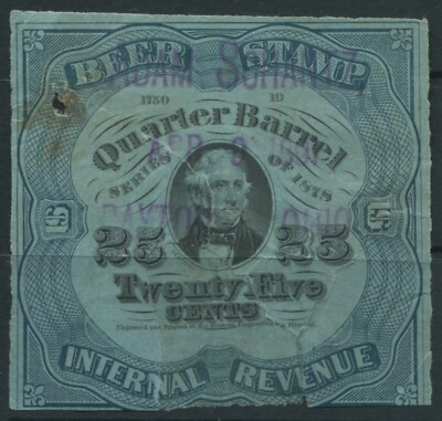 cc01890 - REA58 1878 25c Quarter Barrel Beer Stamp on Blue Paper - CV ...