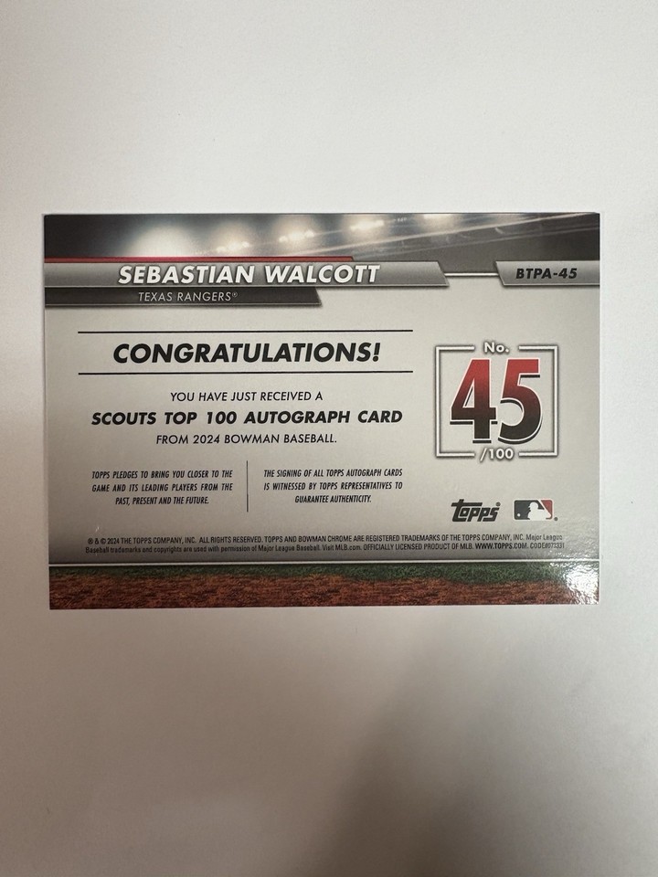 SEBASTIAN WALCOTT 2024 BOWMAN CHROME SCOUTS TOP 100 AUTO /99 Texas ...