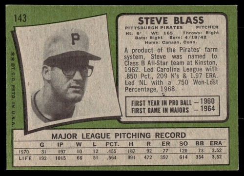 1971 Topps Baseball Steve Blass Pittsburgh Pirates #143 EX-MT | eBay