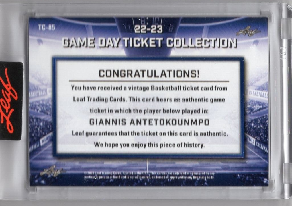 GIANNIS ANTETOKOUNMPO 2020/23 LEAF GAME DAY TICKET COLLECTION #TC-85 *1-10-2016* | eBay