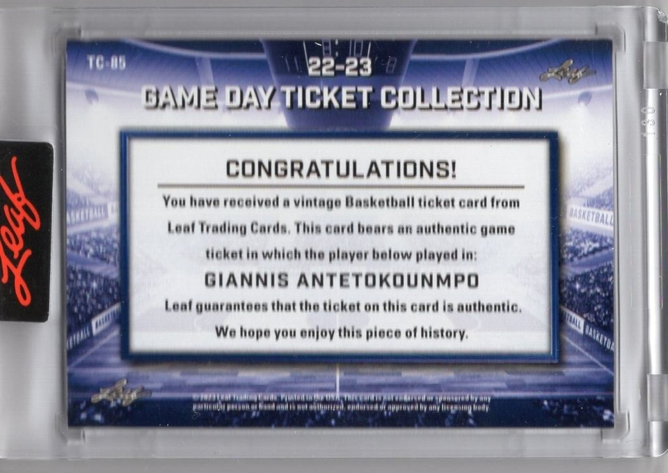 GIANNIS ANTETOKOUNMPO 2020/23 LEAF GAME DAY TICKET COLLECTION #TC-85 *1 ...