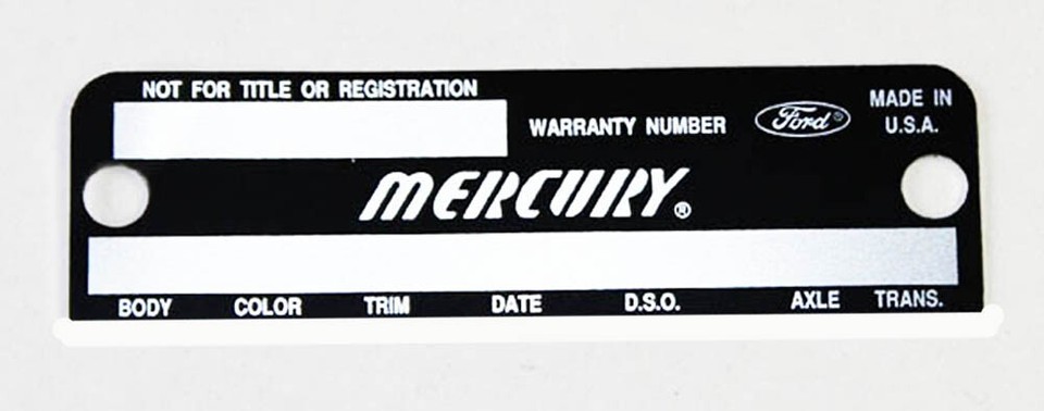 NEW! Mercury Cougar Warranty Door Data Plate 1967 - 1969 Punched ...