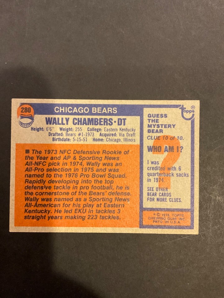 Wally Chambers 1976 Topps Football Card #280 Chicago Bears All-Pro ...