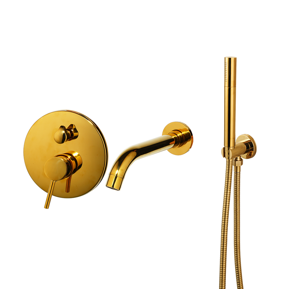 3PCS Gold Bathtub Faucet Round Mixer Valve Rain Hand Held Shower Spout ...