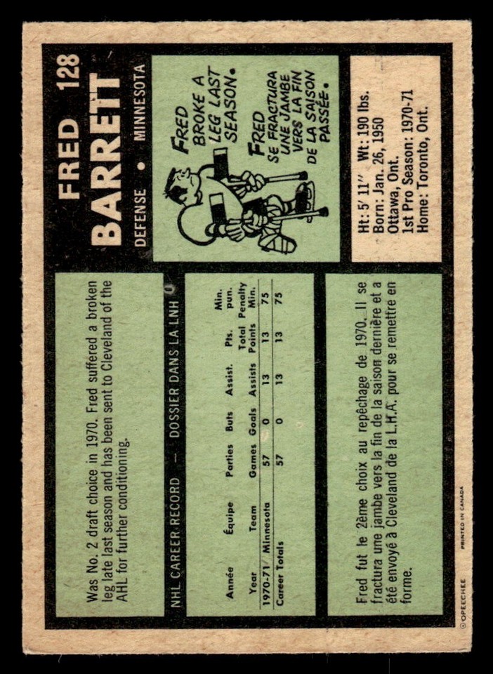 1971 OPC O-Pee-Chee Hockey #128 Fred Barrett EX | eBay