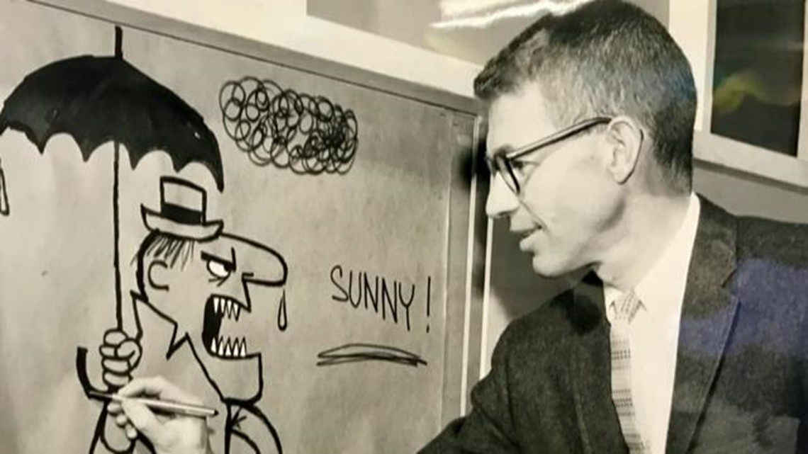 KING 5 TV seattle KOMO news bob cram vtg carved stone bird cartoon art ...