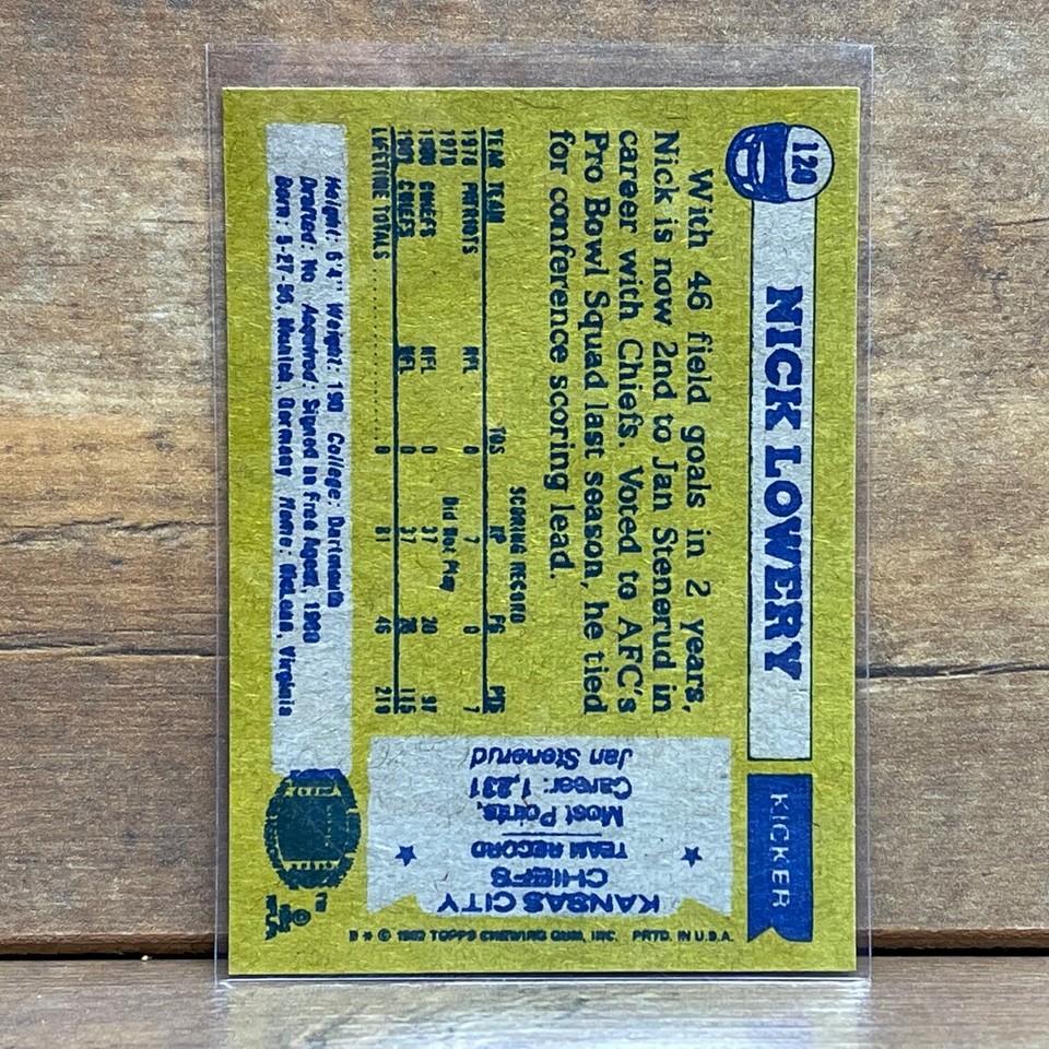 1982 Topps Football Card #120 Nick Lowery Kansas City Chiefs AFC All ...