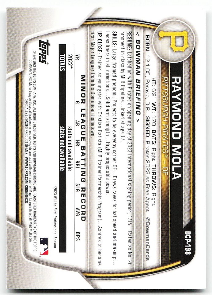 🔥 2023 Bowman Chrome #BCP-198 Raymond Mola Chrome Prospects Mojo ...