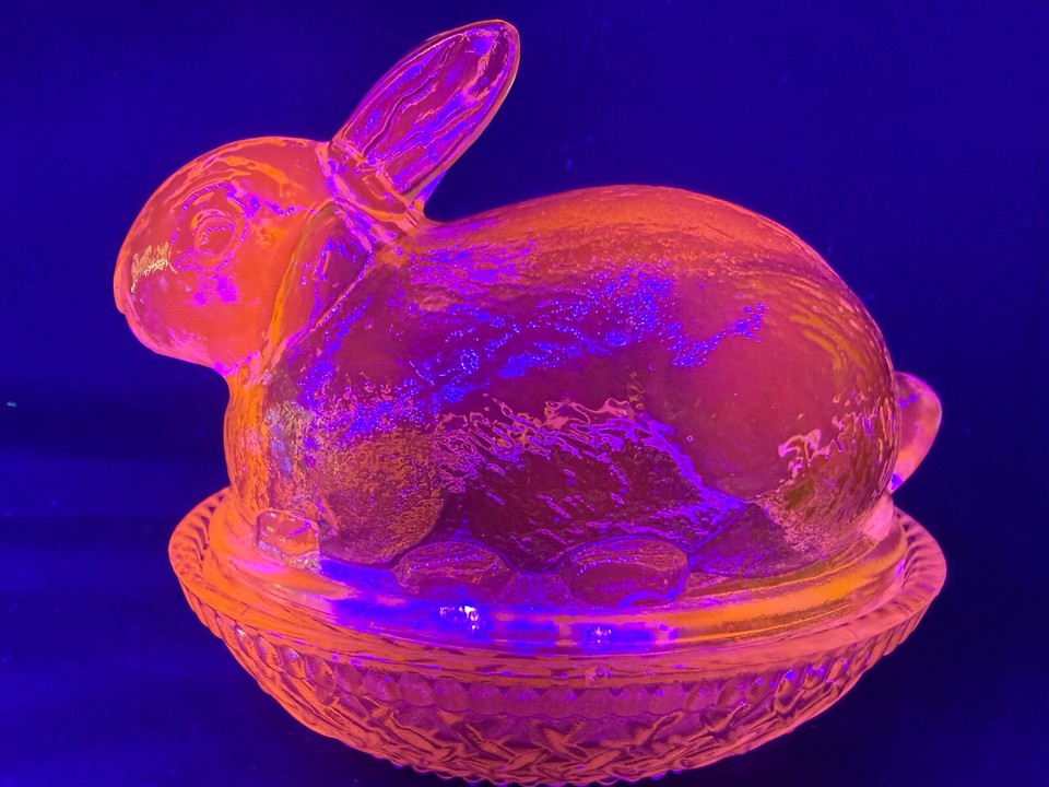 Green Vaseline uranium glass bunny rabbit on nest basket Easter eggs ...
