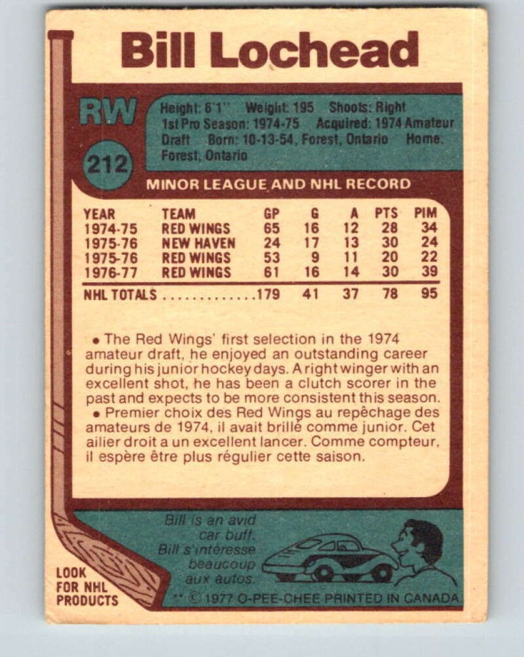 (HCW) 1977-78 O-Pee-Chee #212 Bill Lochead Detroit Red Wings V14432 | eBay