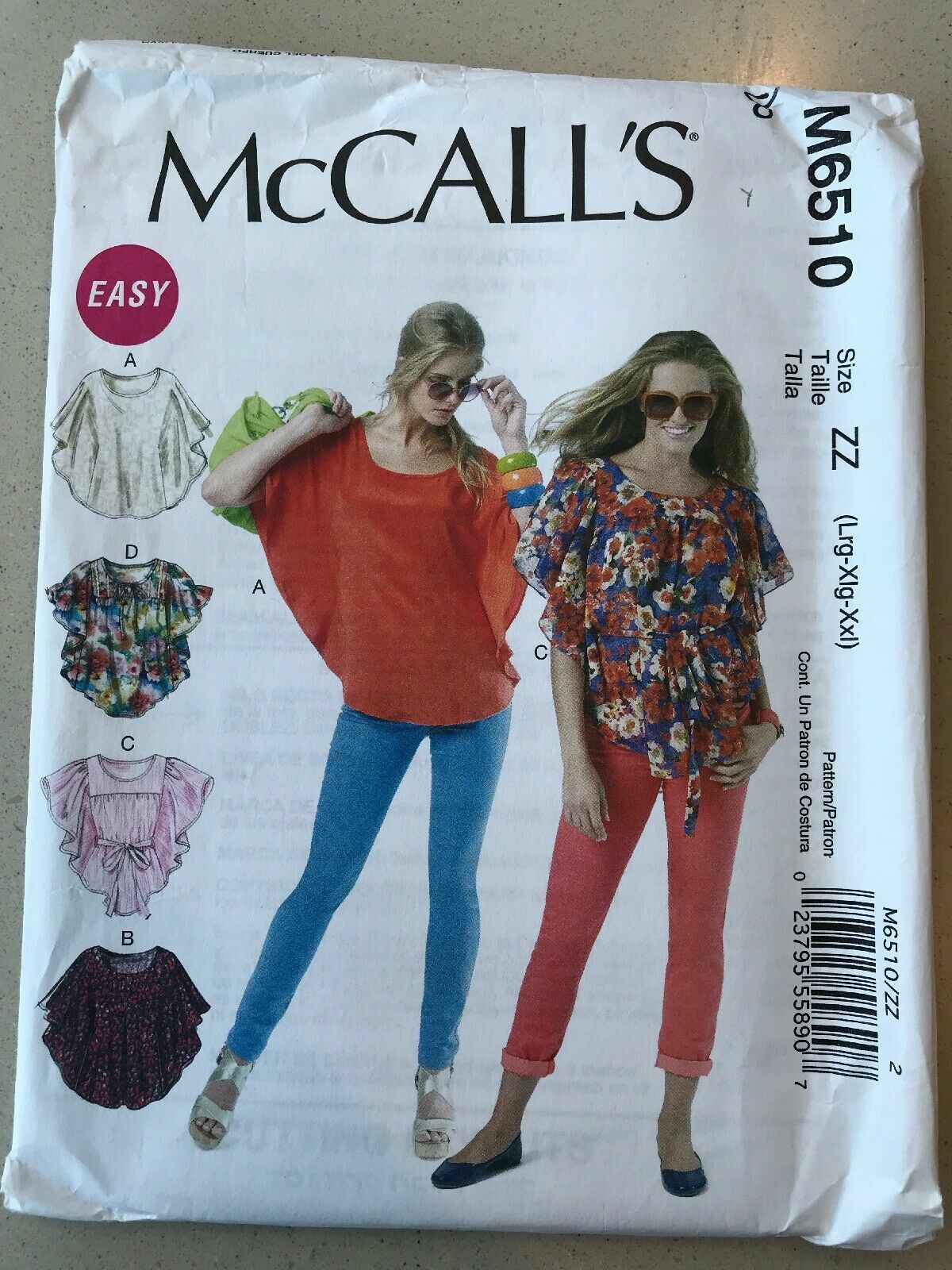 McCall's 6510 Misses' Butterfly Tops and Belt Sewing Pattern Sz L-XXL ...