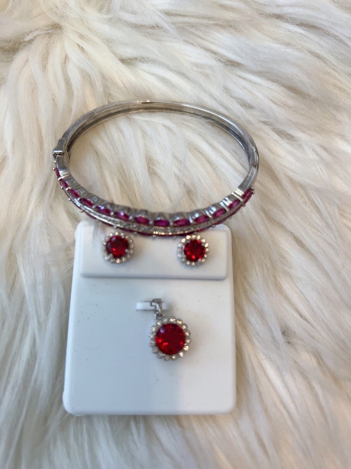 925 Sterling Silver Women's Jewelry Set - White, Gold Plated With Ruby ...