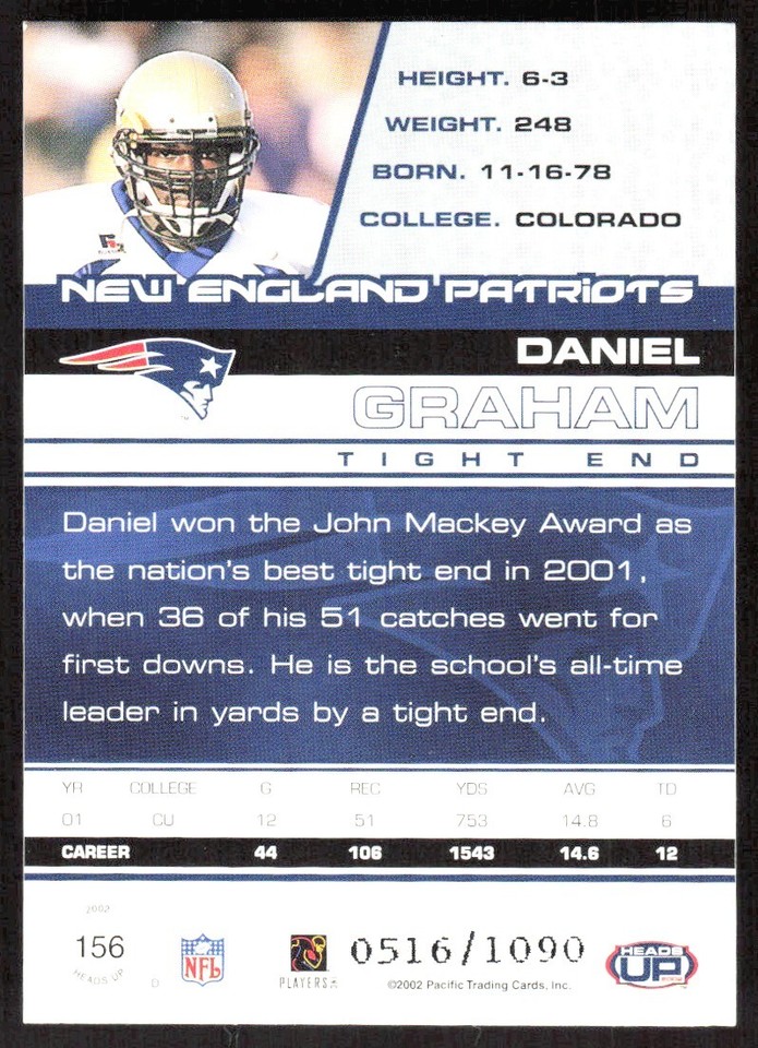 2002 5669B Pacific Heads Up Daniel Graham Rookie 0516/1090 New England ...